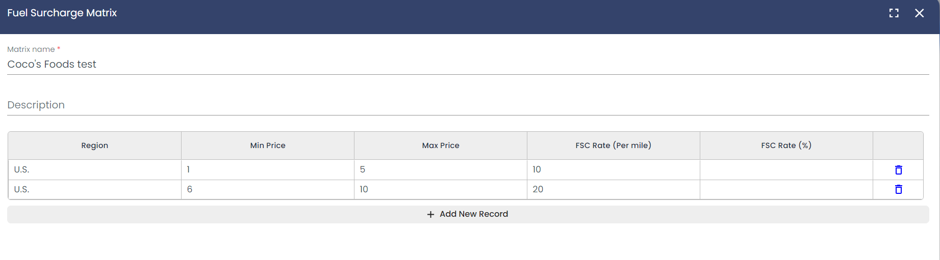 Fuel Surcharge Matrix
