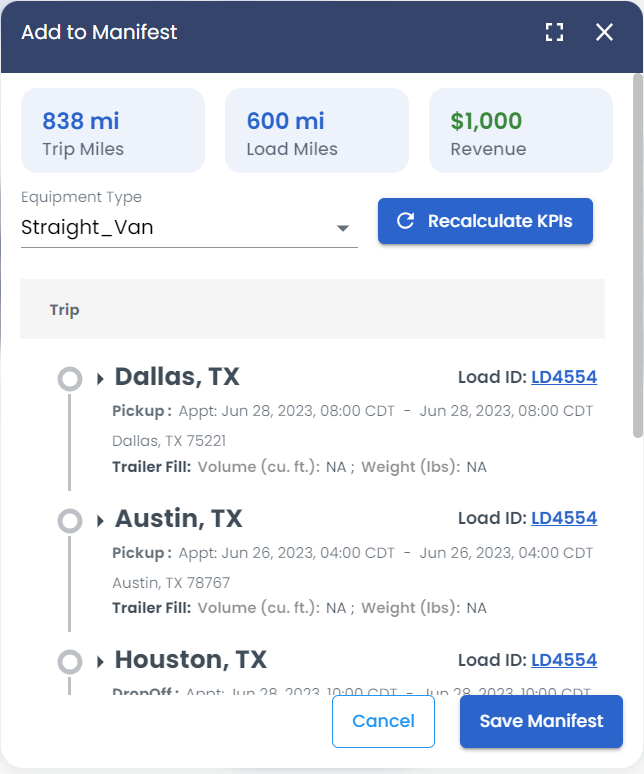 LTL/Partial loads & Manifest
